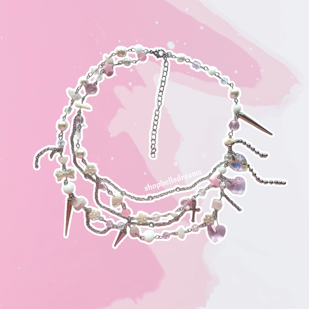 Heartbreak Pink Glass and Chains Clutter Necklace - Etsy