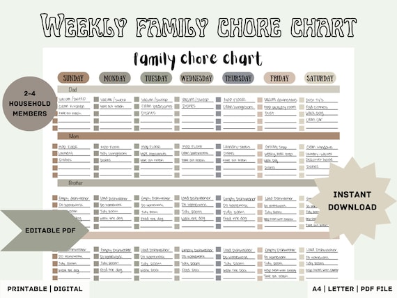 Editable Family Chore Chart Weekly Cleaning Chart Printable - Etsy