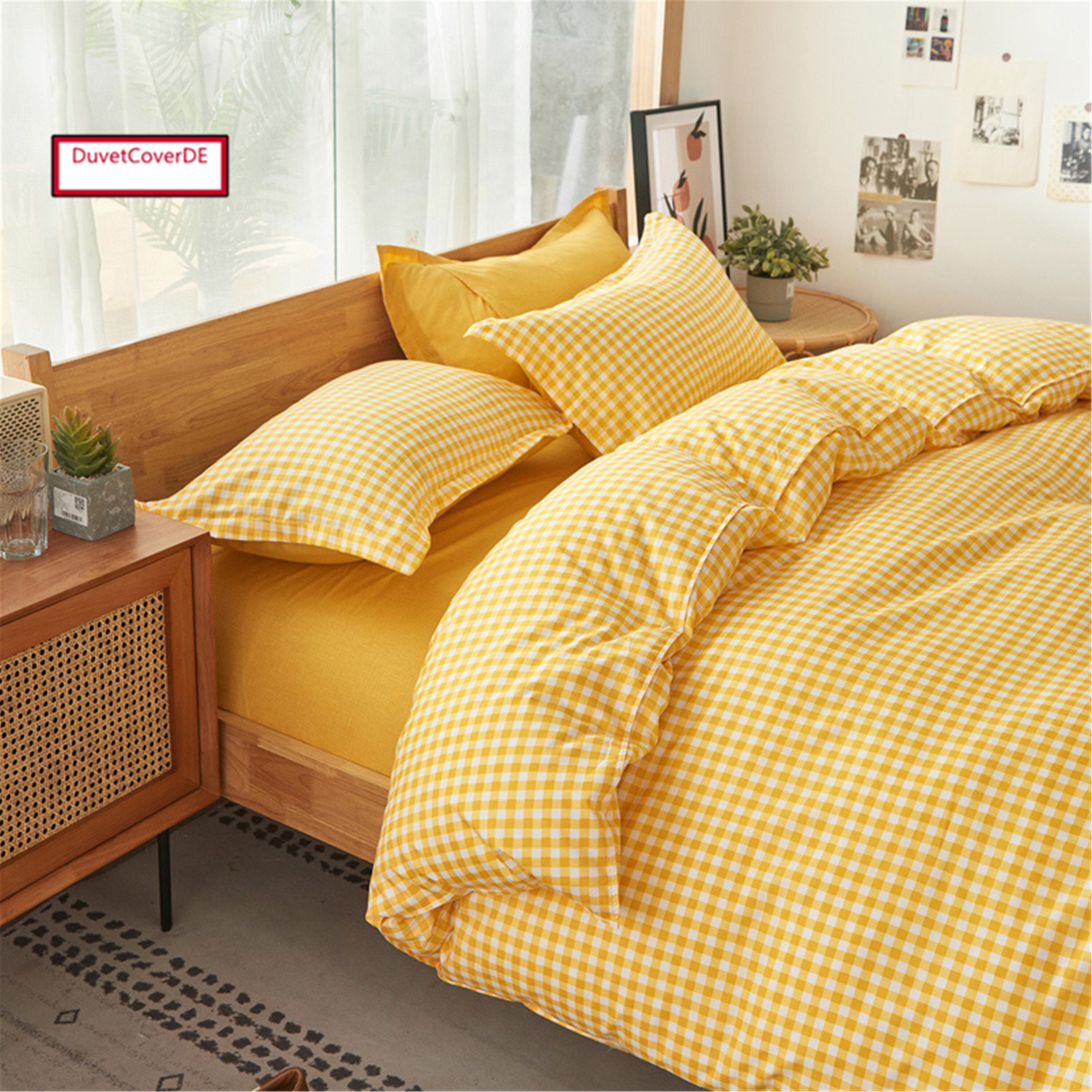 Sweet Lemon Yellow Checkered Bed Linen Sets.simple Modern | Etsy