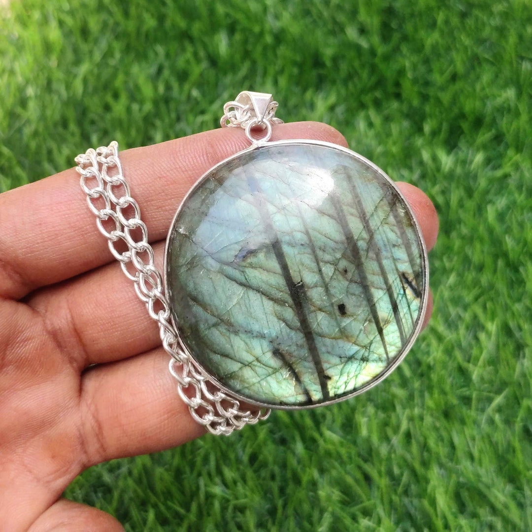 Natural Labradorite Gemstone Pendant, Brass Pendant, Silver Plated ...