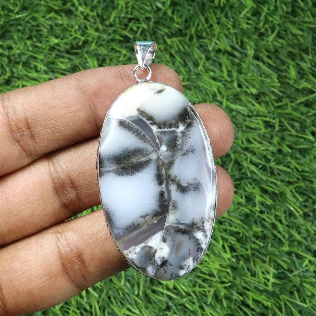 Natural Dendrite Agate Gemstone Pendant, Silver Plated Pendant, Agate ...
