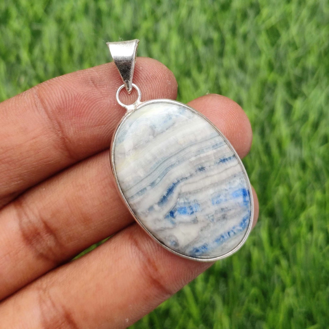 Natural Blue Rhodochrosite Gemstone Pendant: Silver Plated Chunky ...