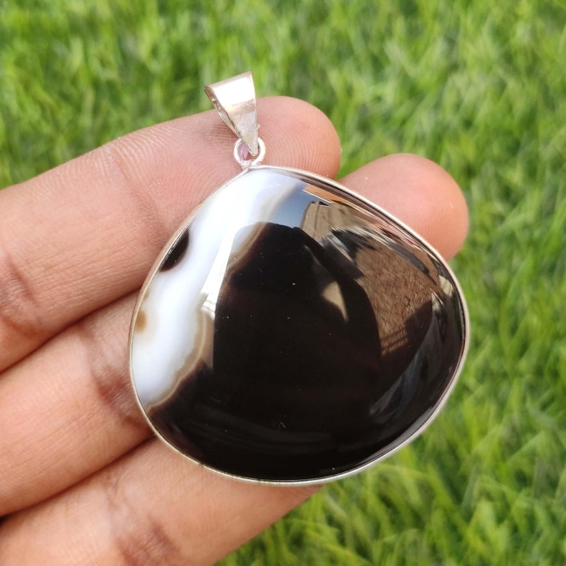 Black Banded Agate Pendant: Handmade Silver Plated Gemstone Necklace ...