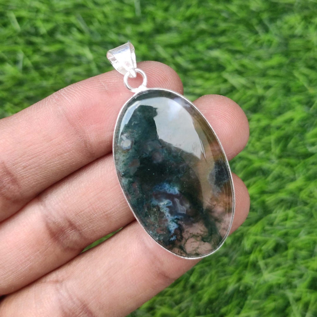 Natural Moss Agate Gemstone Pendant Wholesale Jewelry, Silver Plated ...