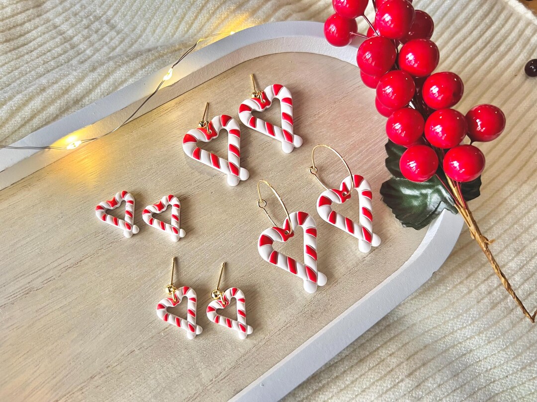 Candy Cane Heart Hoops, Candy Cane Heart Studs, Candy Cane Hoops, Candy ...