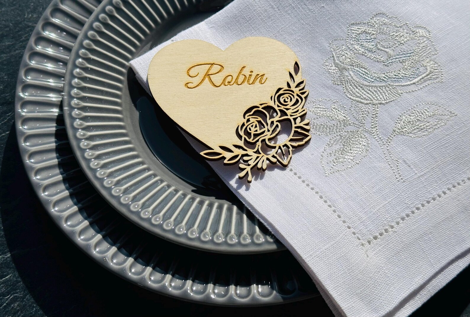 Engraved Heart Names With Flowers, Heart Place Cards, Valentine Day ...