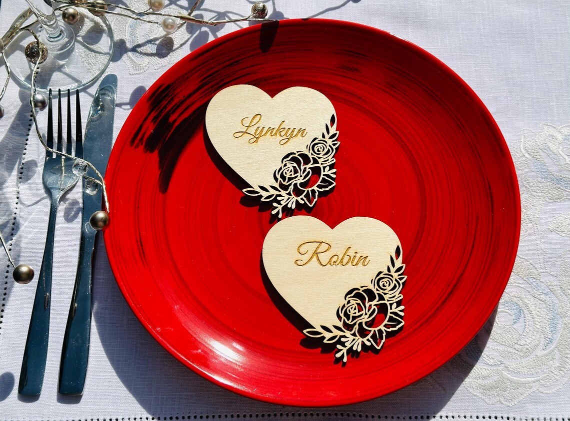 Engraved Heart Names With Flowers, Heart Place Cards, Valentine Day ...