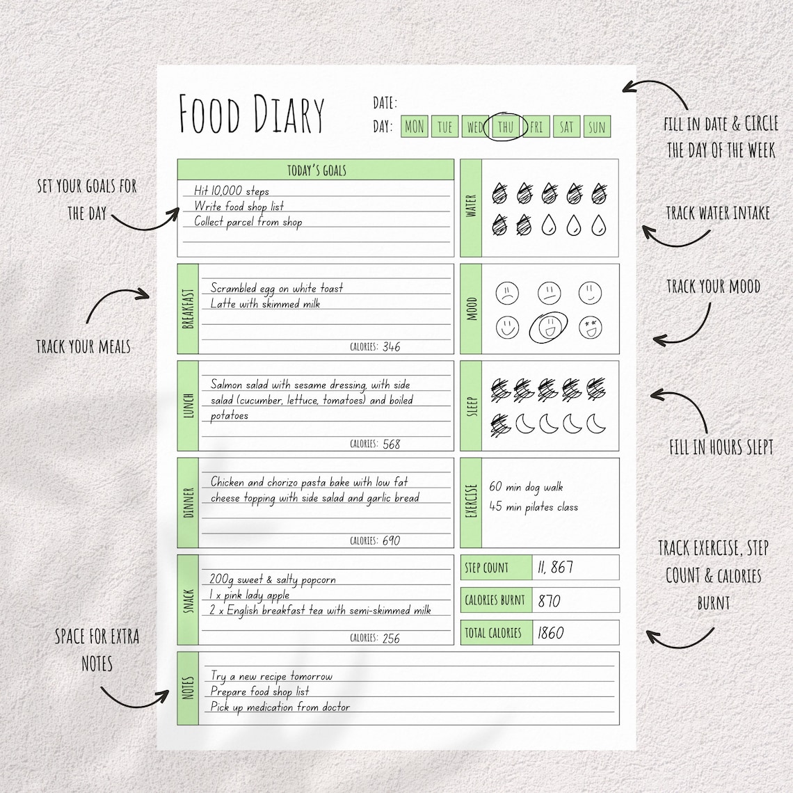 Daily Food Diary Printable & Digital Food Journal for Fitness, Calories ...