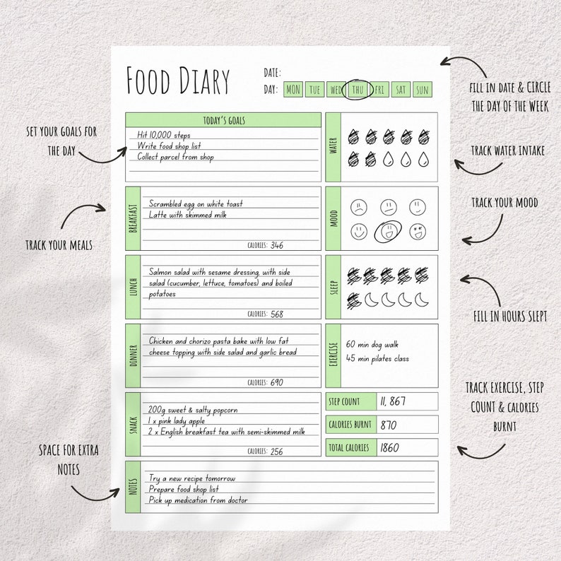 Daily Food Diary Printable & Digital Food Journal for Fitness, Calories ...