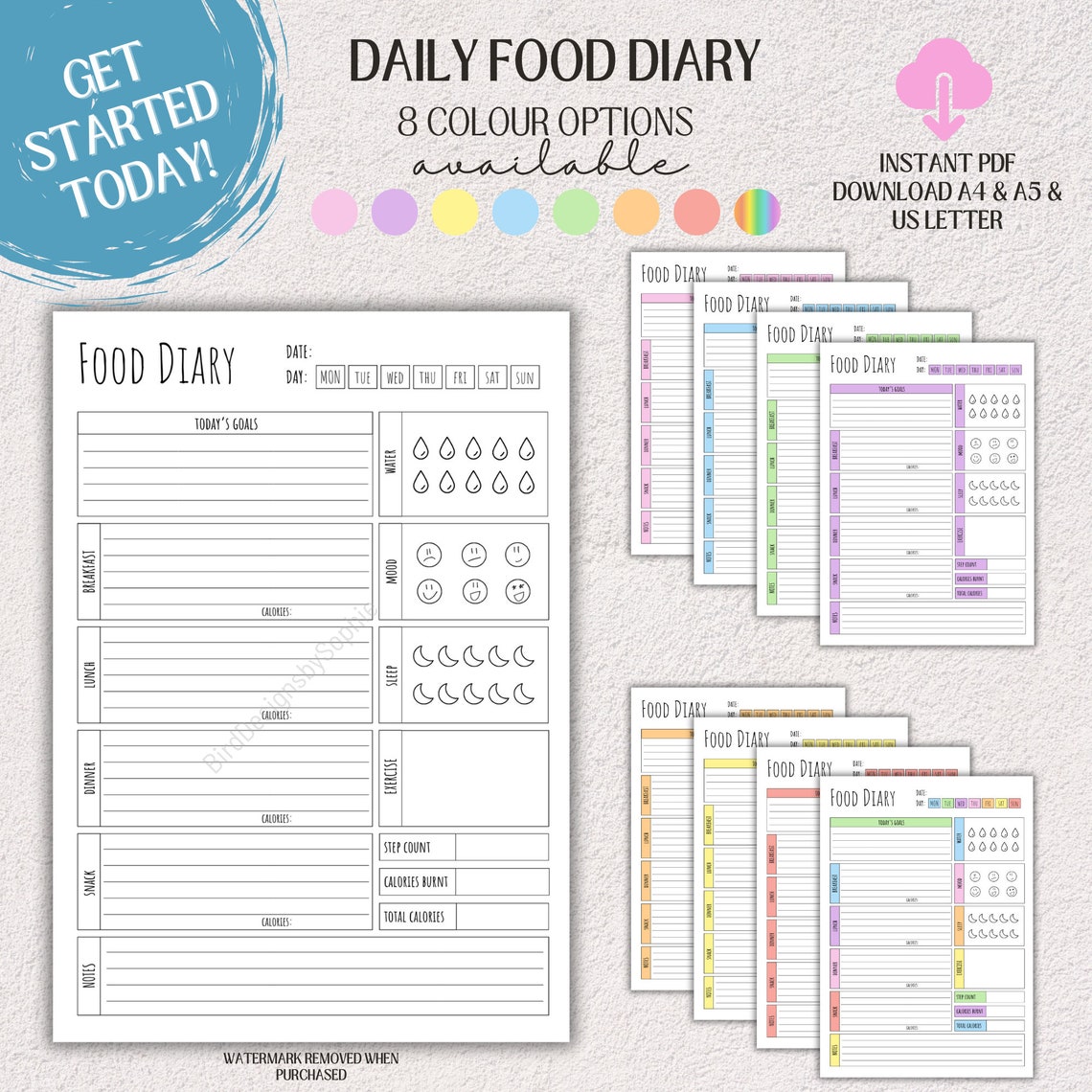 Daily Food Diary Printable & Digital Food Journal for Fitness, Calories ...