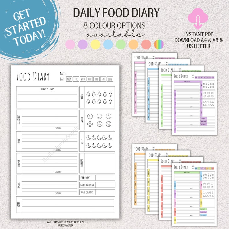 Daily Food Diary Printable & Digital Food Journal for Fitness, Calories ...