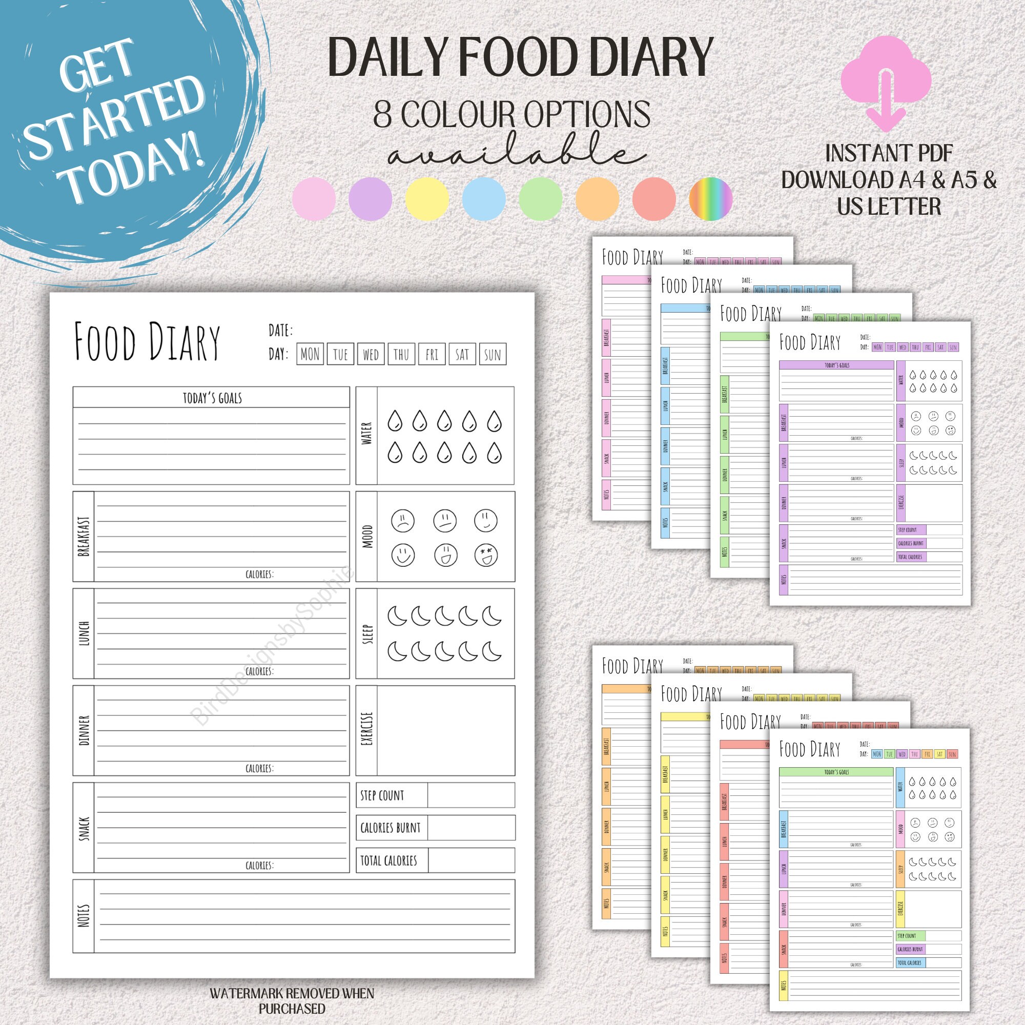 Daily Food Diary Printable & Digital Food Journal for Fitness, Calories ...