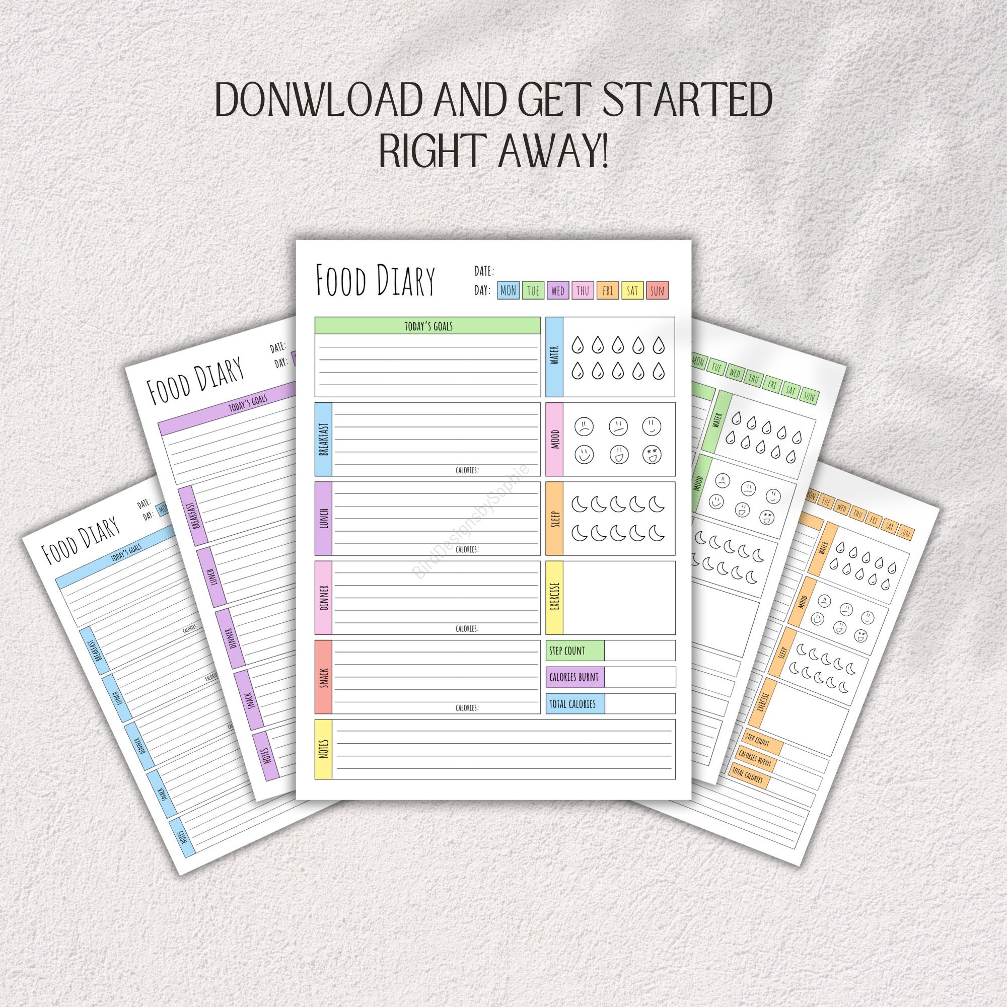 Daily Food Diary Printable & Digital Food Journal for Fitness, Calories ...