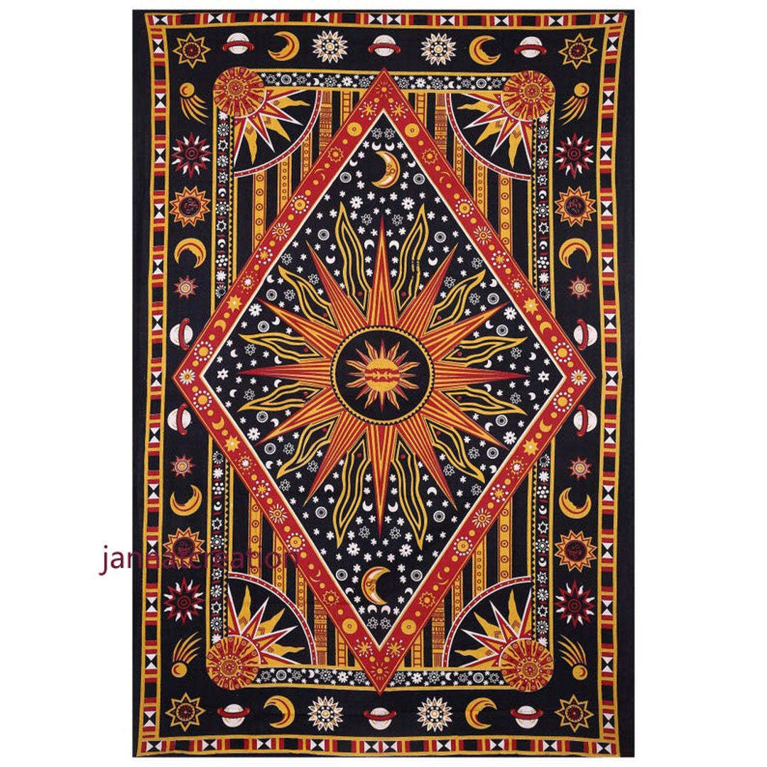 Sun Moon Mandala Tapestry Astro Motif Stars Planets A Sun in Black and ...