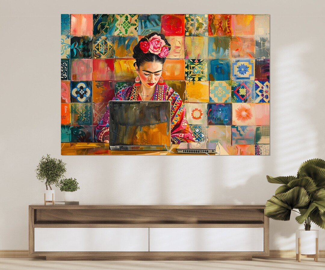 Frida Khalo With Laptop Painting Canvas Print, Funny Frida Khalo Wall ...