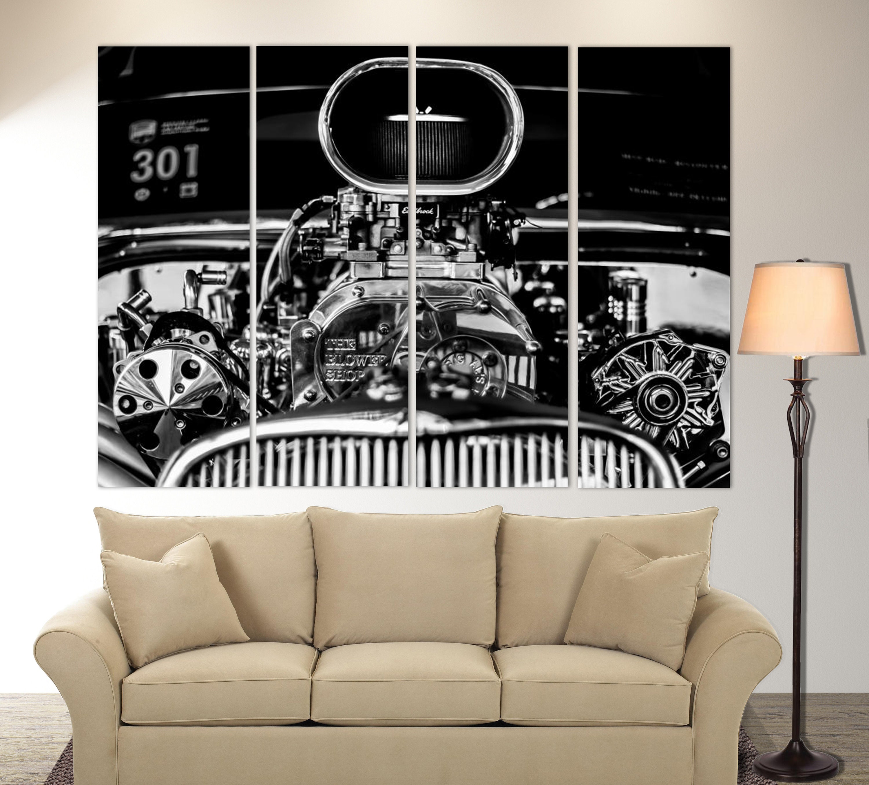 Technology Wall Art, Black and White Vintage Engine Canvas Print ...