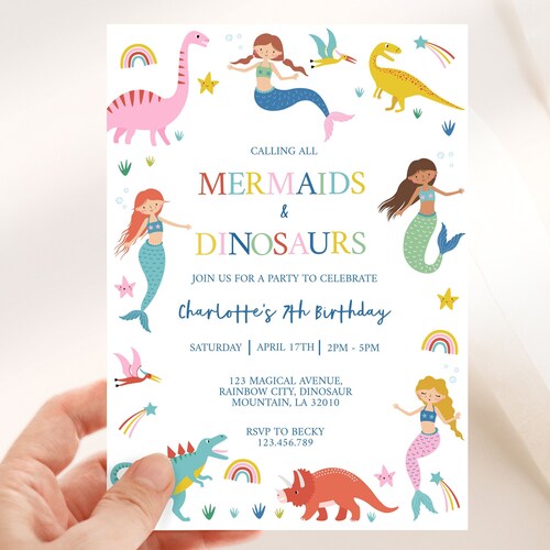Siblings Dinosaur and Mermaid Birthday Invitation Invite - Etsy
