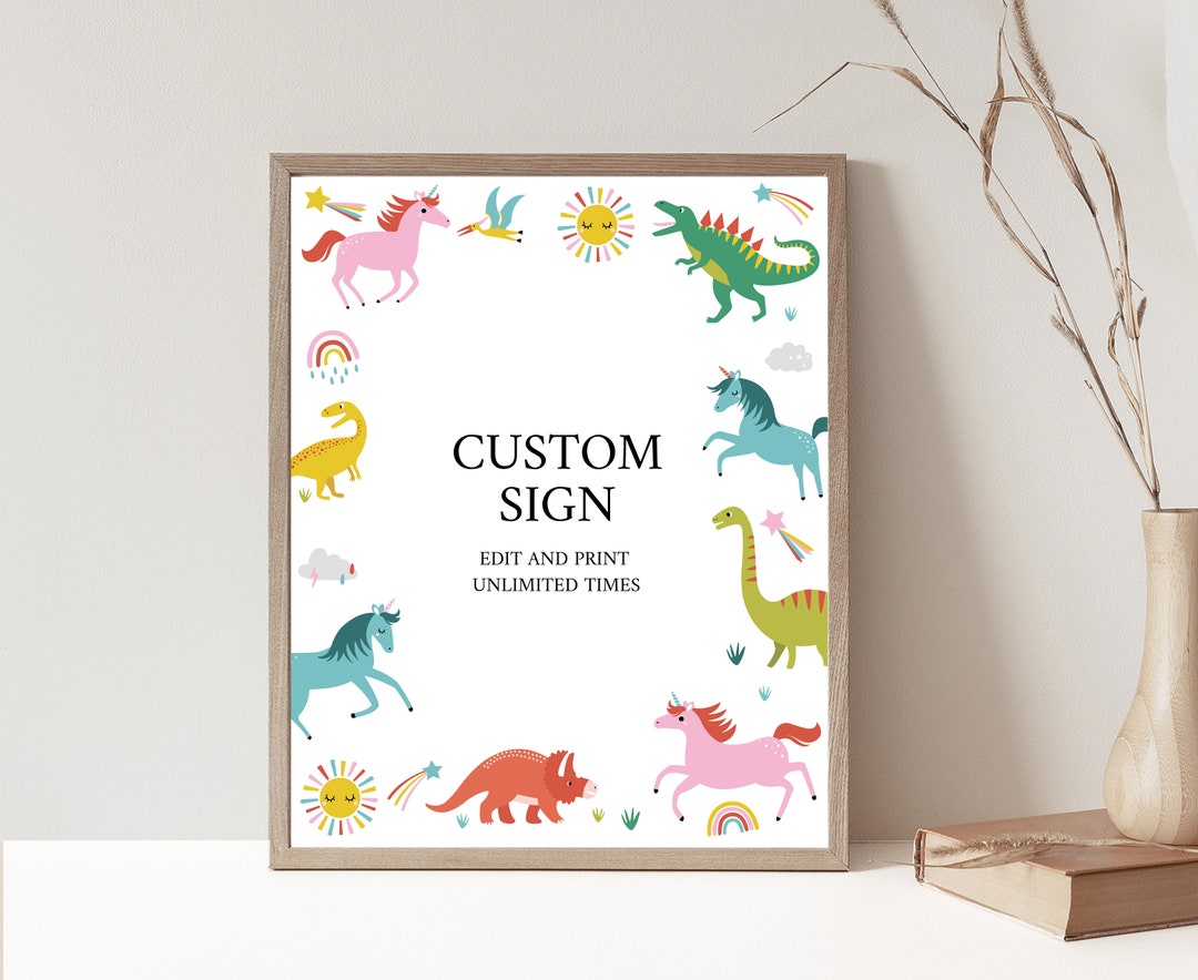 Unicorn and Dinosaur Birthday Sign, Unicorn and Dinosaur Party Sign ...