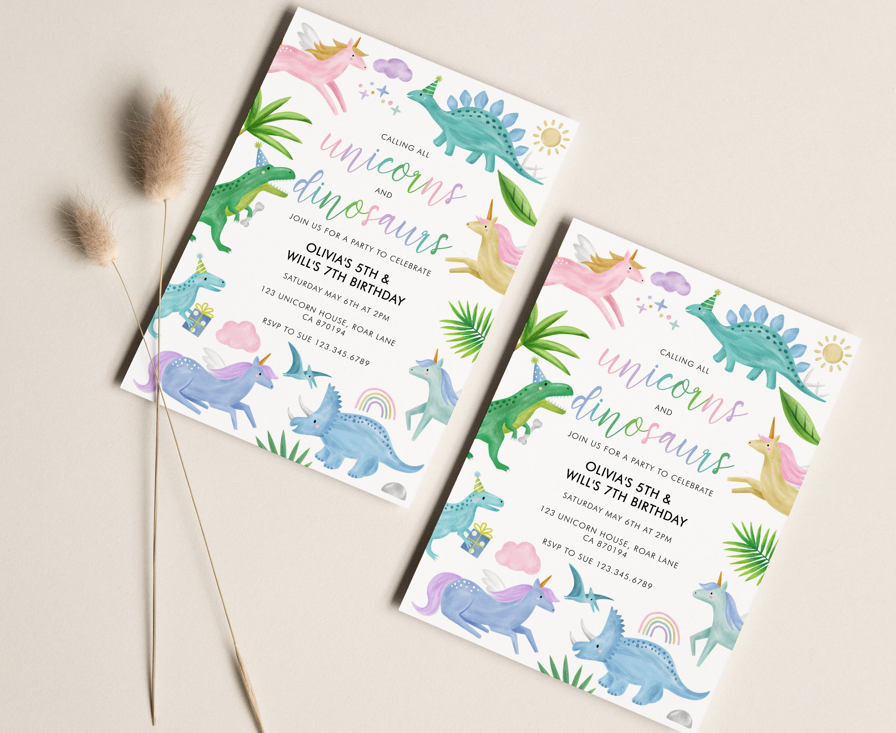 Unicorn Dinosaur Birthday Invitation, Joint Party (editable Template ...