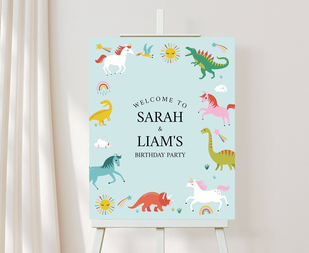 Unicorn and Dinosaur Welcome Sign, Editable Birthday Sign, Unicorn and ...