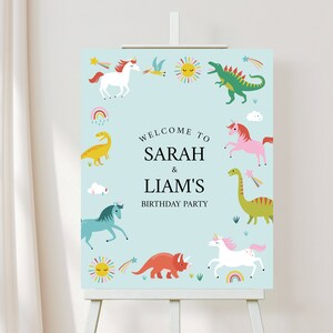Unicorn and Dinosaur Welcome Sign, Editable Birthday Sign, Unicorn and ...
