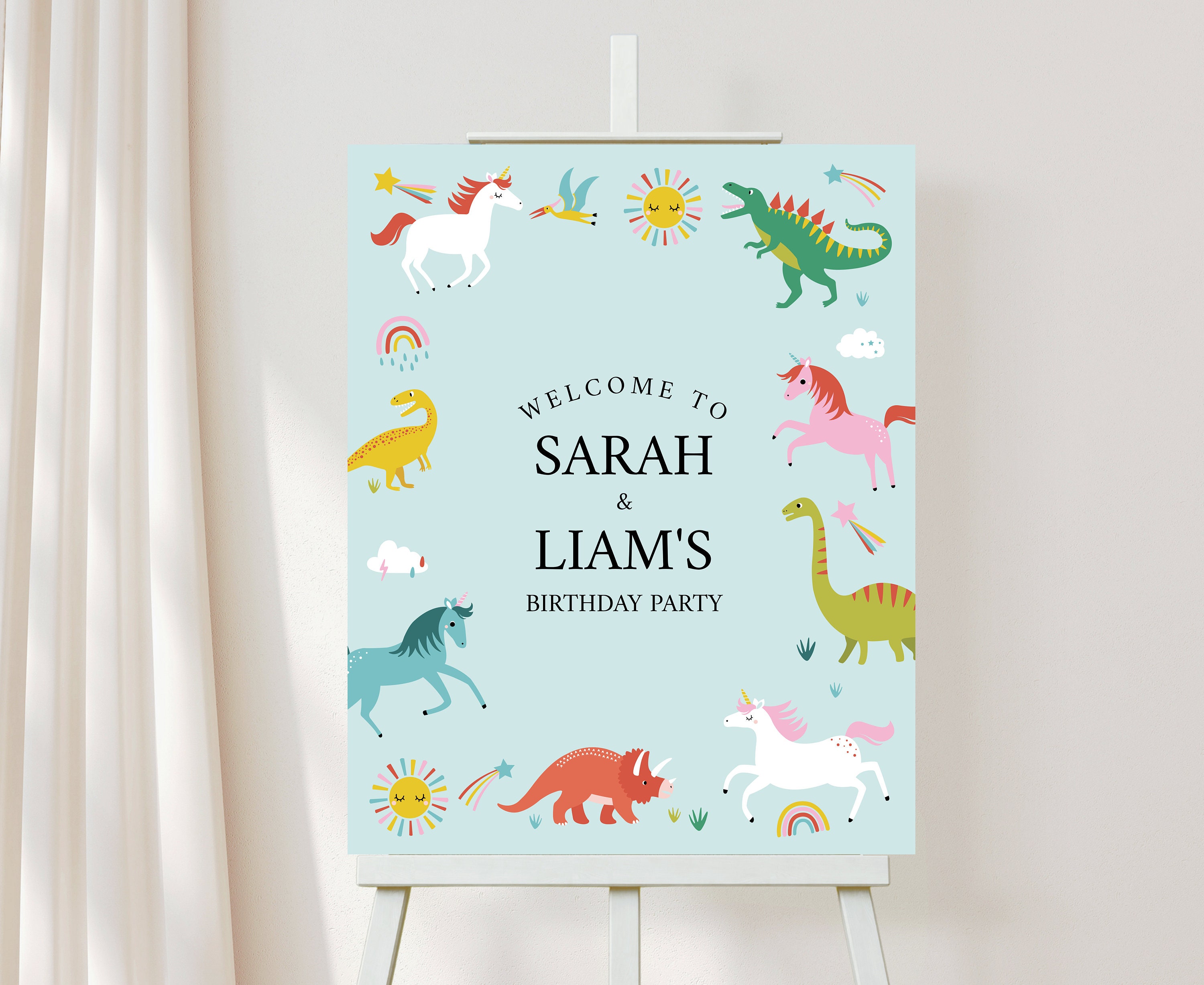 Unicorn and Dinosaur Welcome Sign, Editable Birthday Sign, Unicorn and ...