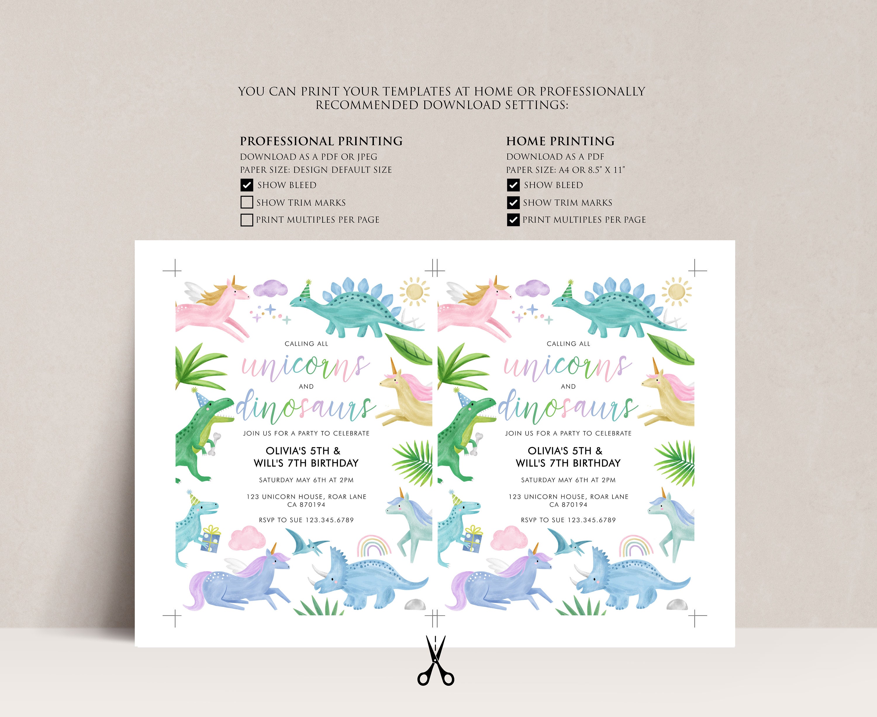 Unicorn and Dinosaur Birthday Invitation Joint Unisex - Etsy