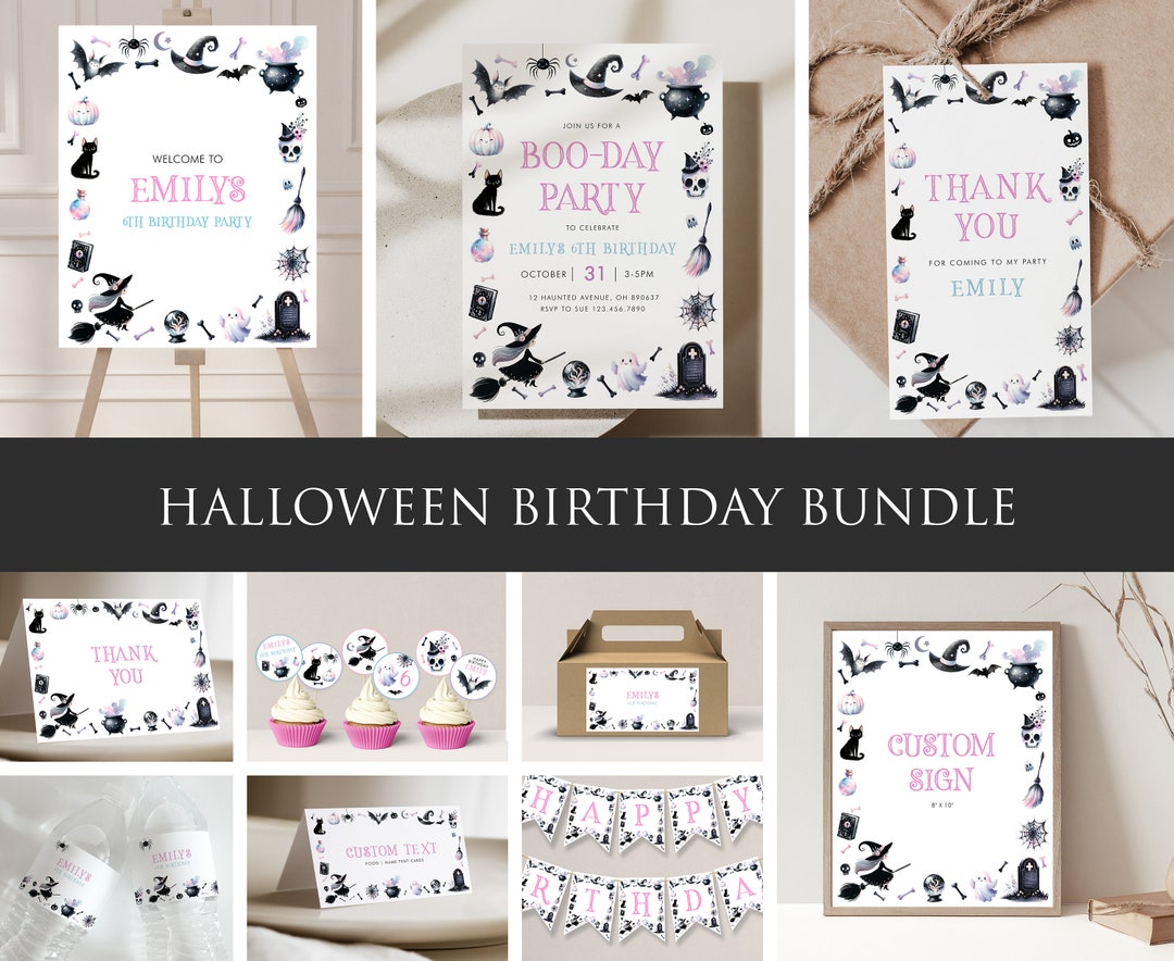 Pastel Halloween Birthday Bundle, Editable Halloween Party Bundle ...