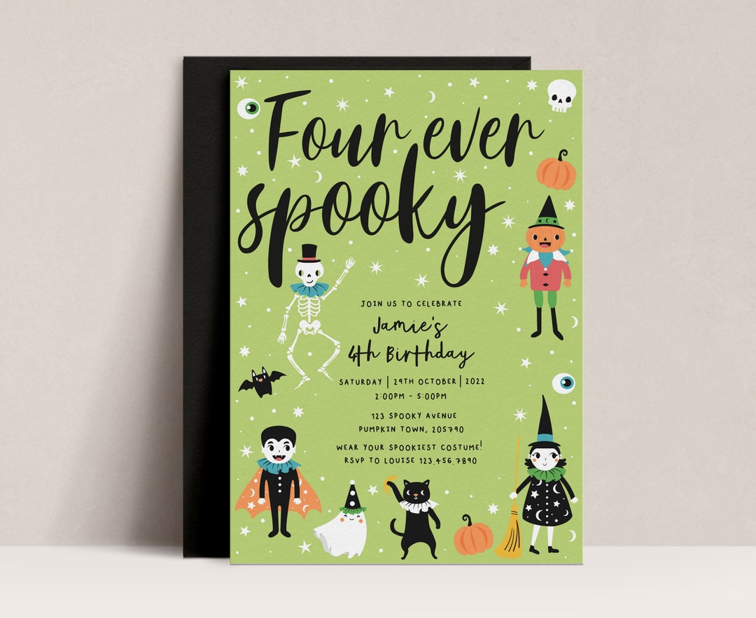 Four Ever Spooky Halloween Birthday Invitation, Kids Party (editable ...