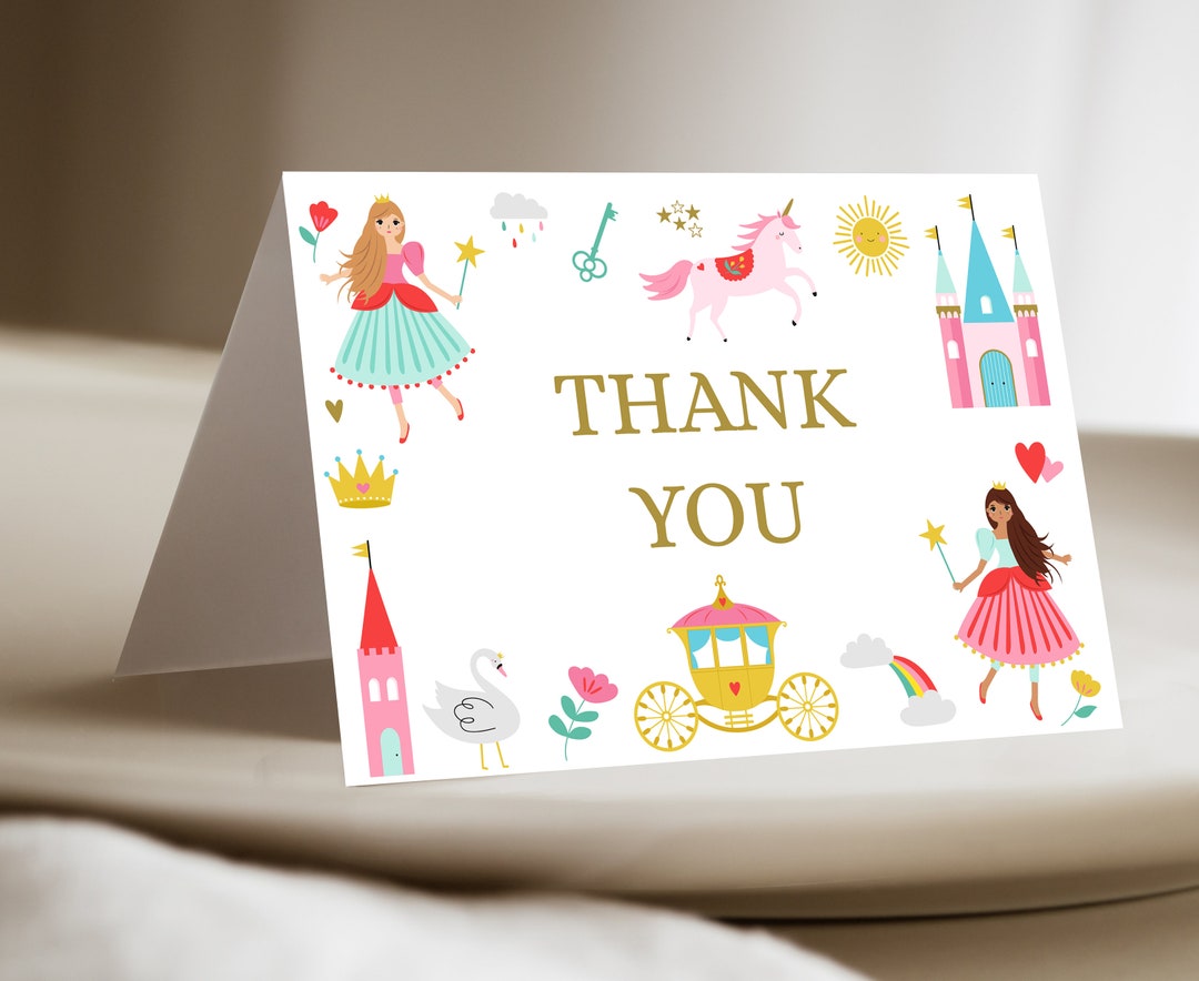 Princess Thank You Card, Folded Princess Thank You Card, Princess Party ...