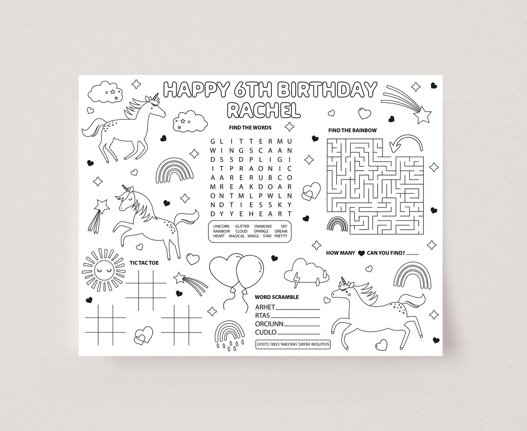 Unicorn Activity Placemat Unicorn Coloring Page Printable Unicorn Party ...