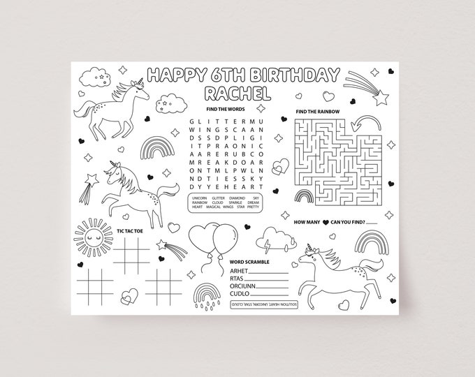 Printable | Unicorn Colouring Page Placemat INSTANT DOWNLOAD Unicorn ...