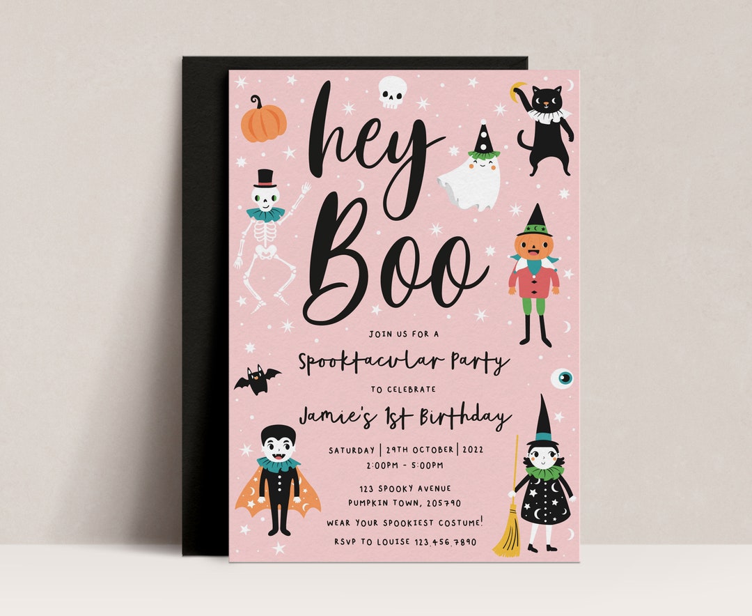 Pink Halloween Birthday Invitation, Hey Boo Halloween Invite, Vintage ...