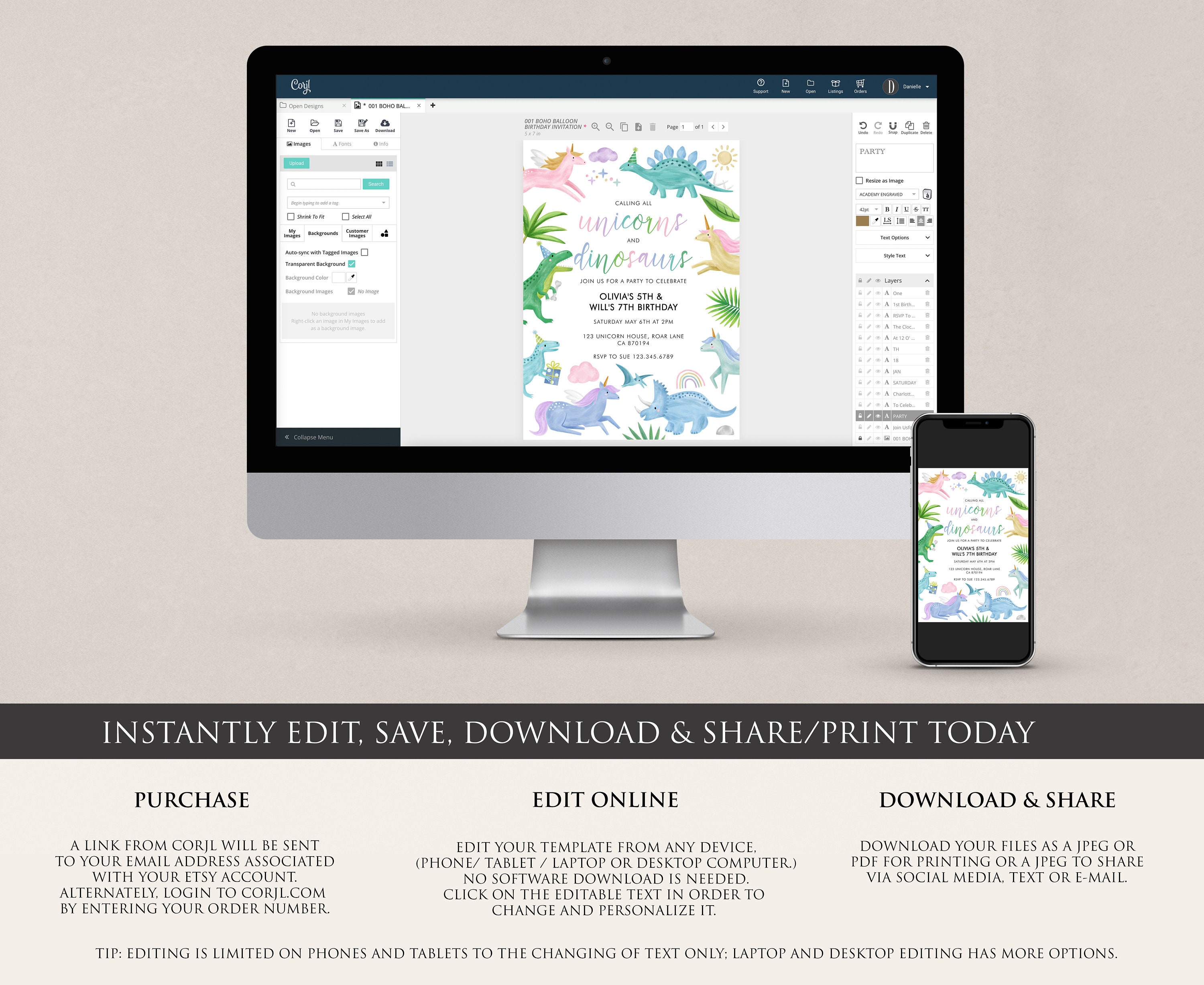 Unicorn and Dinosaur Birthday Invitation Joint Unisex - Etsy