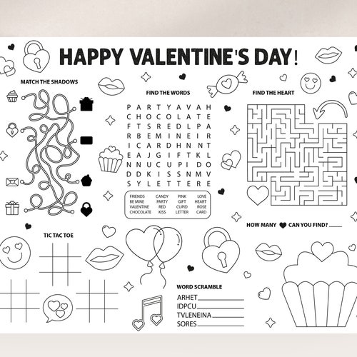 Valentine 's Placemat Kids Printable Valentines Activity - Etsy