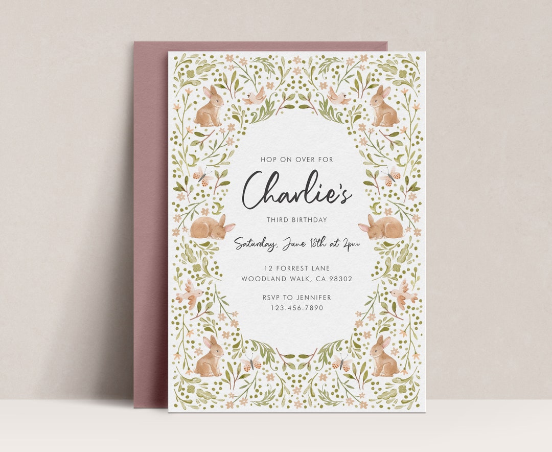 Editable Bunny Birthday Invitation, Floral Rabbit, Spring Party (5x7in ...