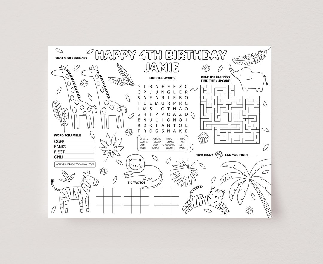 Jungle Activity Placemat, Jungle Coloring Page, Printable Jungle Party ...