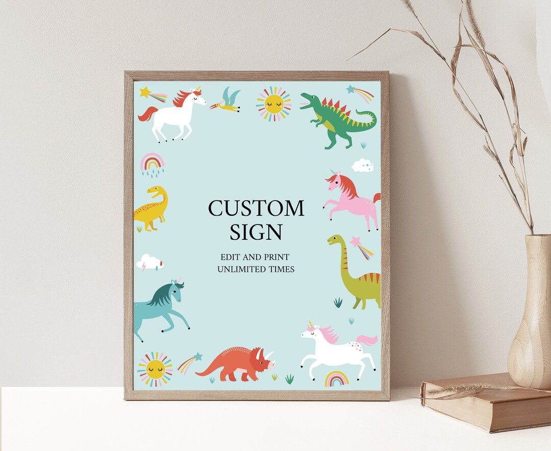 Unicorn and Dinosaur Birthday Sign, Unicorn and Dinosaur Party Sign ...