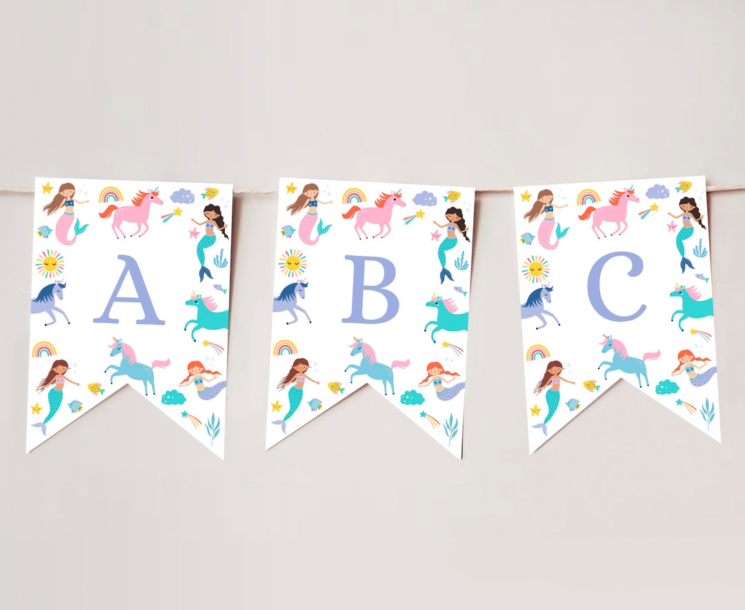 Editable Mermaid & Unicorn Birthday Bunting Custom Birthday Bunting ...