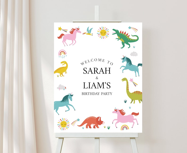 Unicorn and Dinosaur Birthday Welcome Sign, Editable Party Decor - Etsy