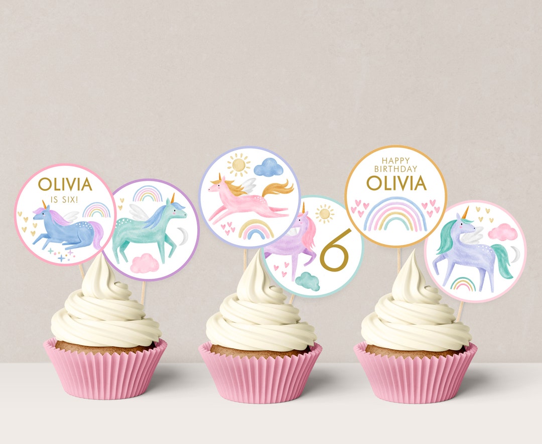 Editable Unicorn Birthday Cupcake Toppers, Rainbow Party Decor ...