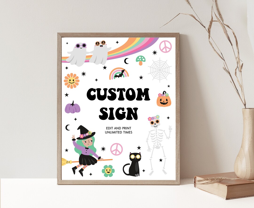 Editable Hippie Halloween Party Sign, Retro Groovy Halloween Sign ...