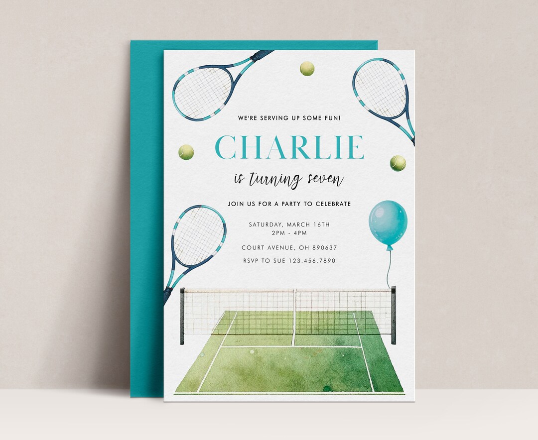 Tennis Birthday Invitation, Blue Tennis Party Invite, Tennis Court ...