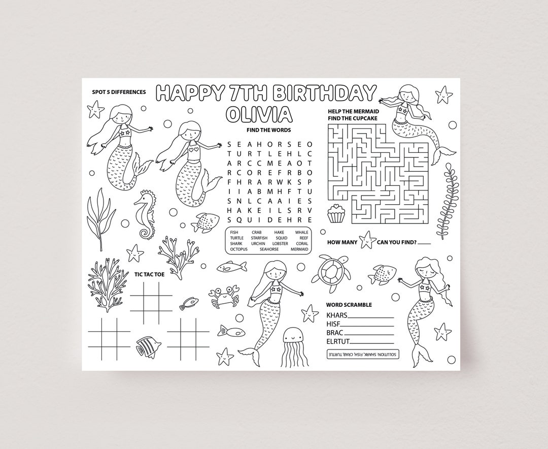 Mermaid Activity Placemat, Mermaid Coloring Page, Printable Mermaid ...
