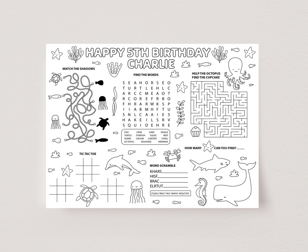 Under the Sea Birthday Placemat, Sea Animals Coloring Page (editable ...