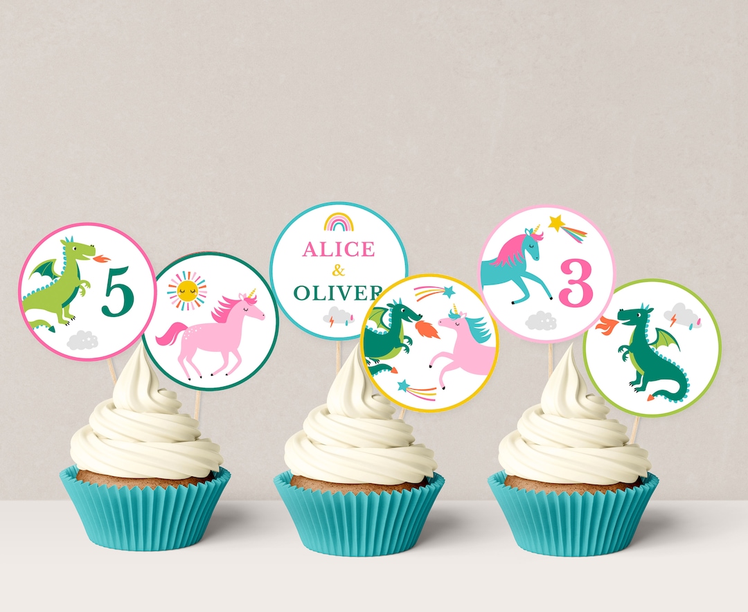 Editable Unicorn and Dragon Birthday Cupcake Toppers, Unicorn Cake ...