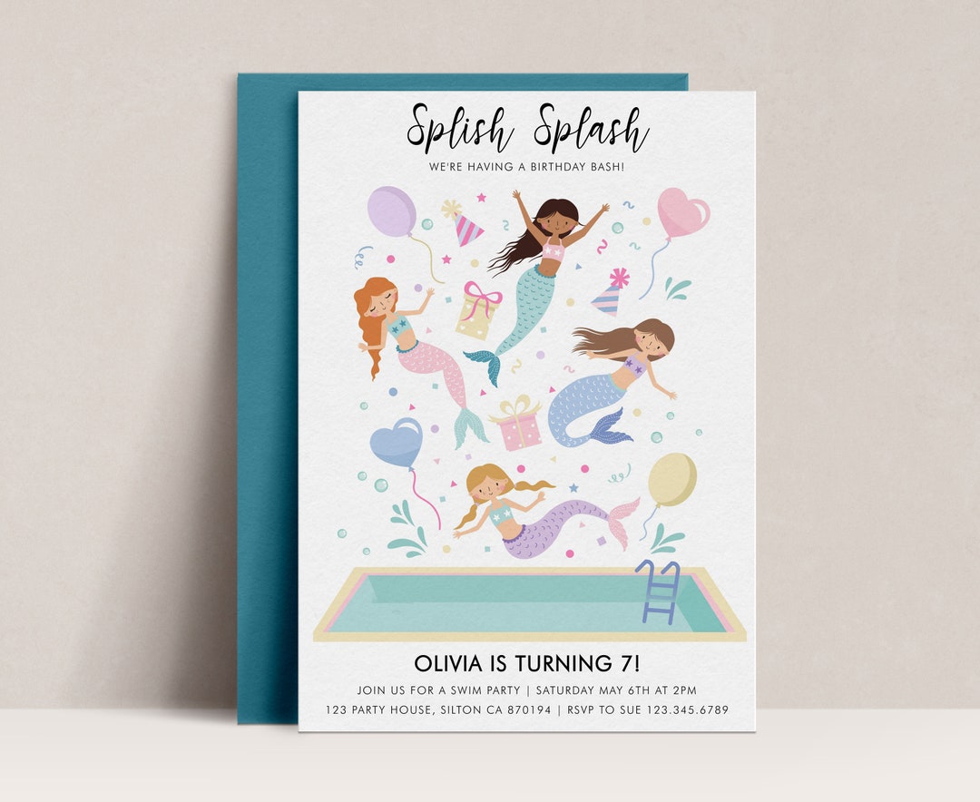 Editable Mermaid Birthday Invitation, Swim Pool Party (digital Download ...