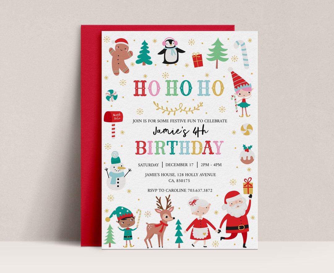 Editable Christmas Birthday Invitation, Kids Holiday Party (5x7 ...