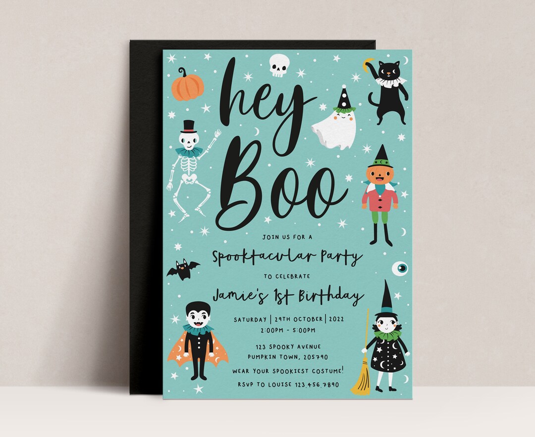 Hey Boo 1st Birthday Invitation, Blue Halloween Party Invite, Editable ...