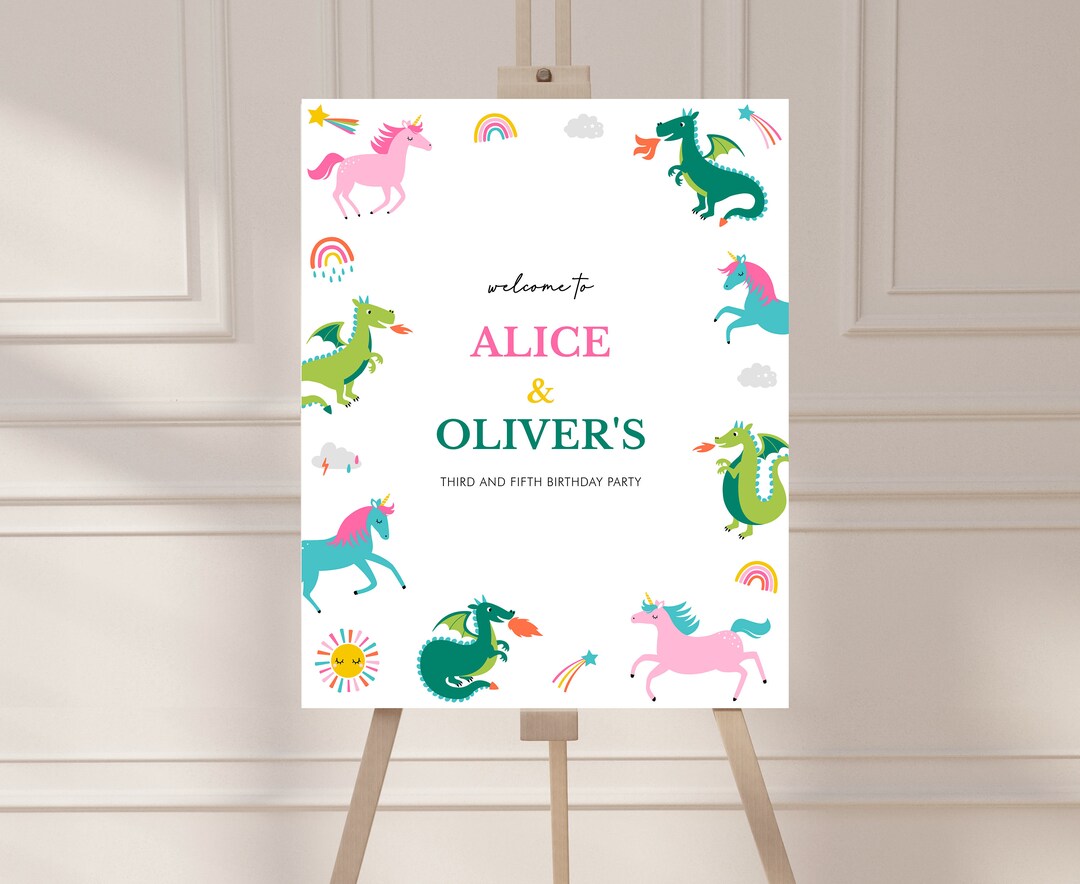 Unicorn and Dragon Birthday Welcome Sign (editable Template) - Etsy